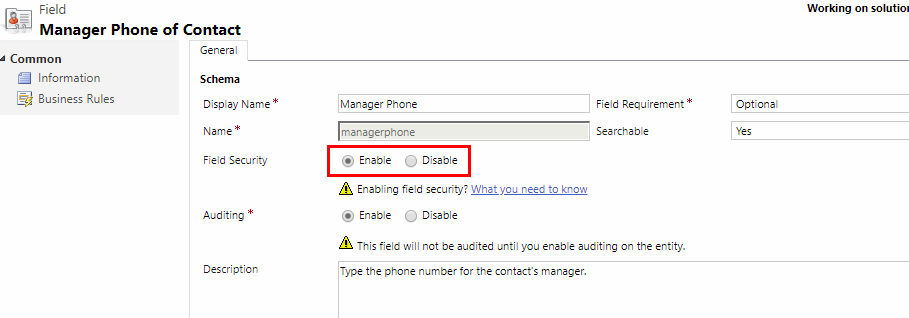 Field Level security in Dynamics 365