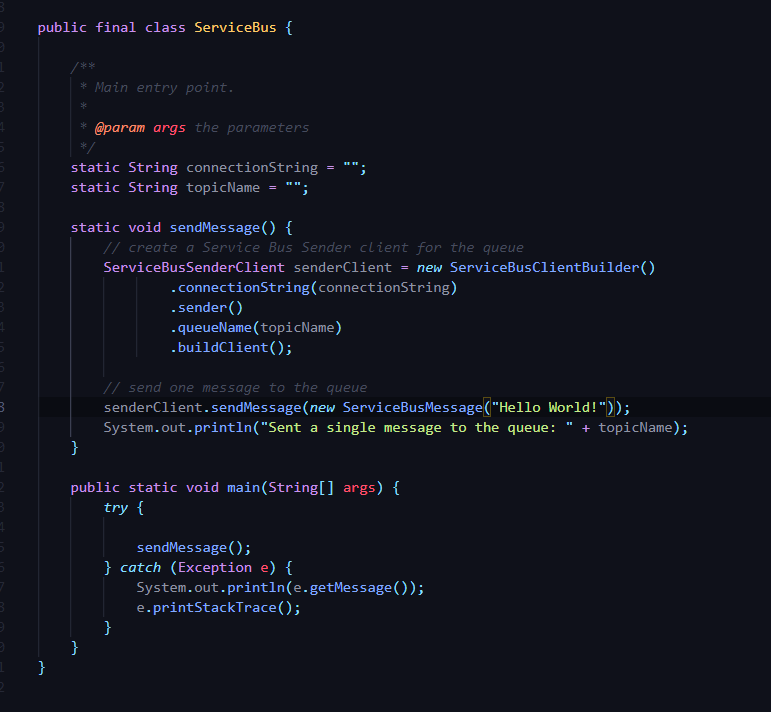 Send message to Azure Service Bus using Java Code